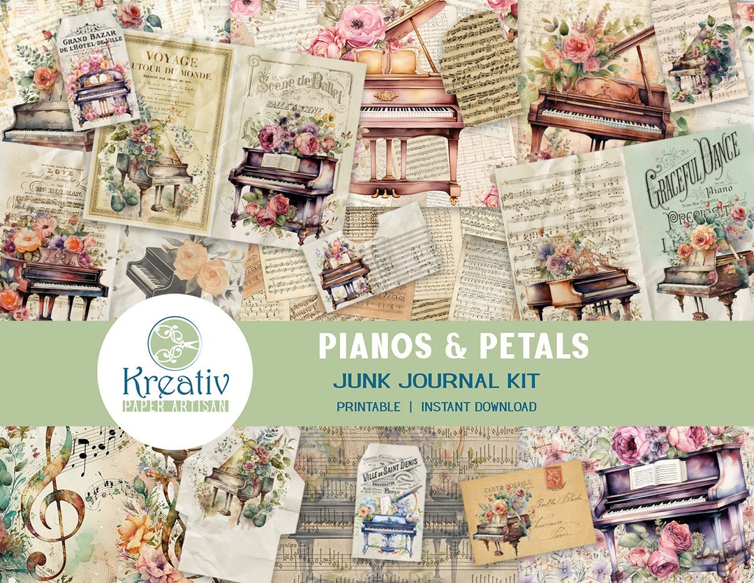 Pianos & Petals Junk Journal Kit, Printable, Grand Piano, Music Lover, Roses, Bouquets, Sonata ...