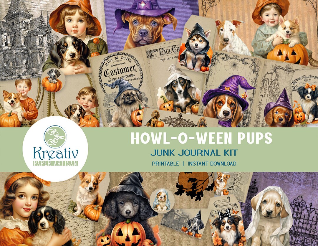 Howl-o-ween Pups, Printable Junk Journal Kit, Halloween, Dogs, Children ...