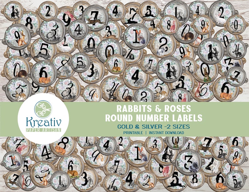 Rabbits & Roses Round Number Labels, Easter, Vintage Numbers ...