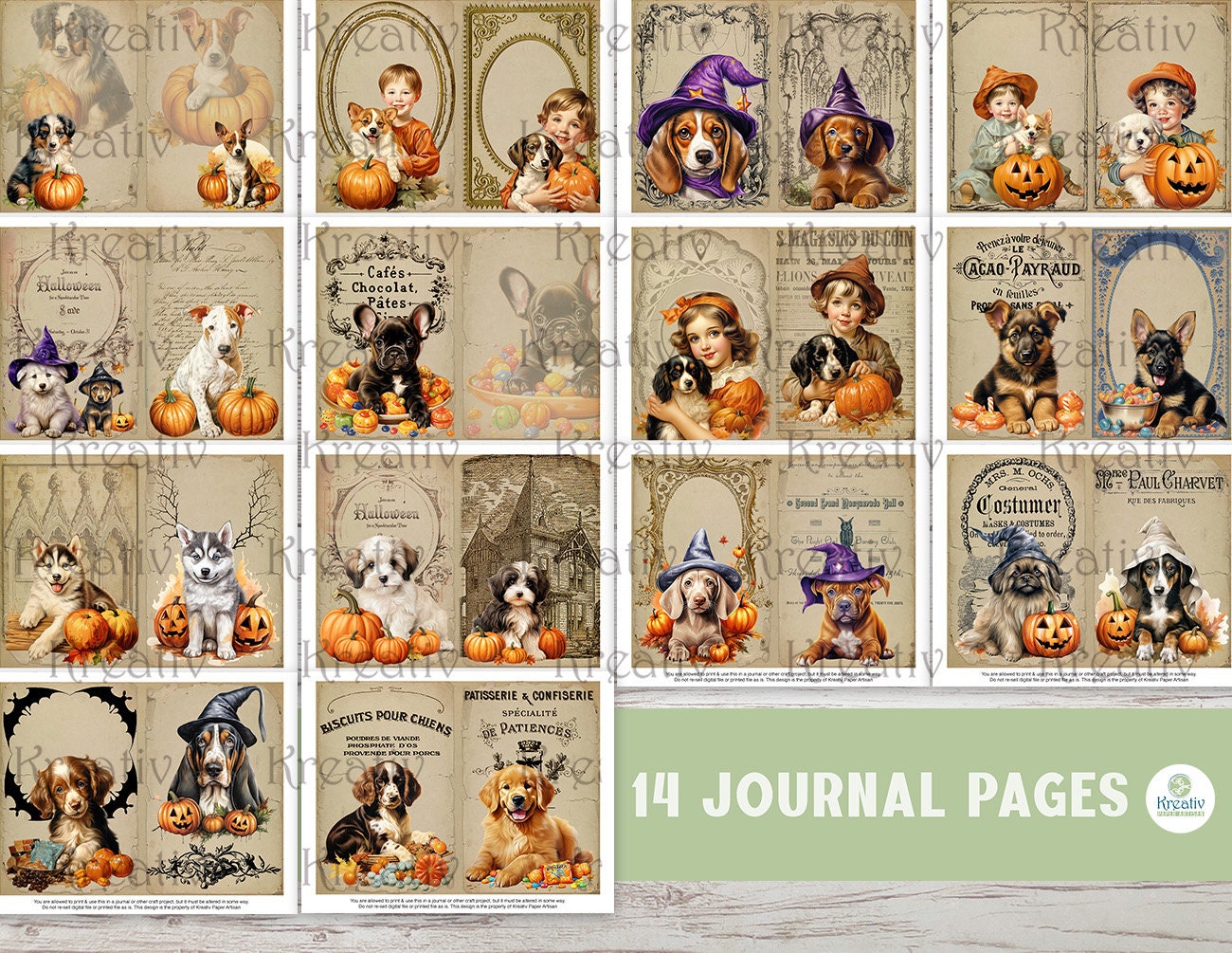 Howl-o-ween Pups, Printable Junk Journal Kit, Halloween, Dogs, Children ...