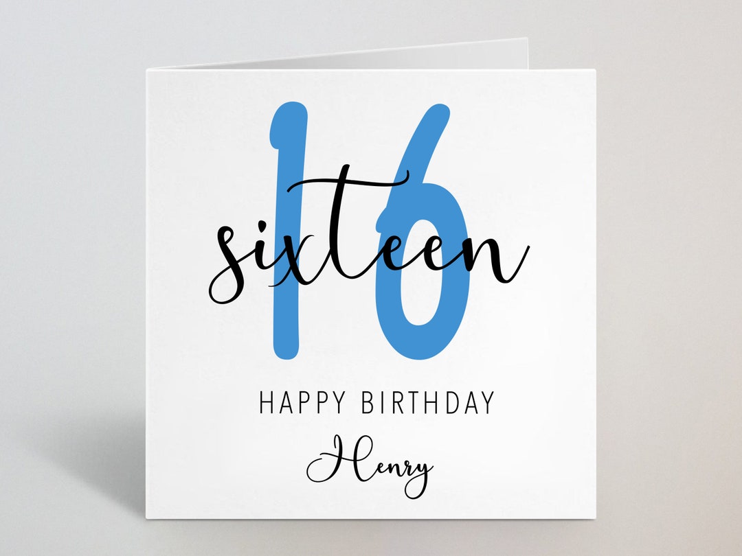 Sixteen Years 16th Birthday Calligraphy Cursive Sketch Blue Card Love ...