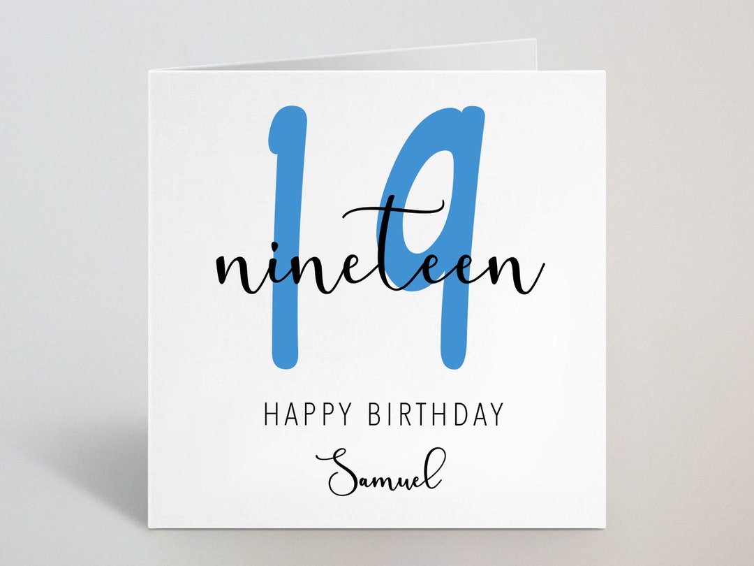 Nineteen Years 19th Birthday Calligraphy Cursive Sketch Blue Card Love ...
