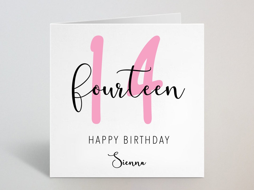 Fourteen Years 14th Birthday Calligraphy Cursive Sketch Pink Card Love ...