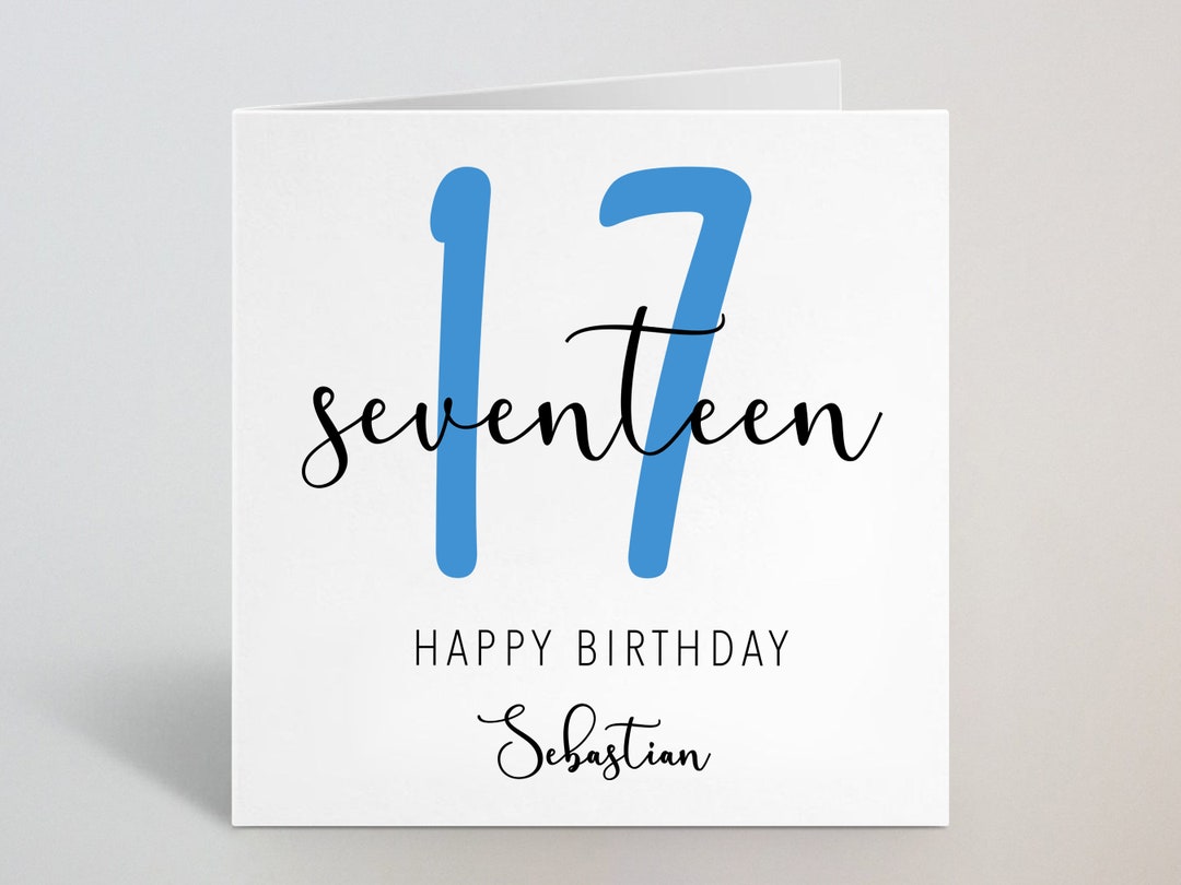 Seventeen Years 17th Birthday Calligraphy Cursive Sketch Blue Card Love ...