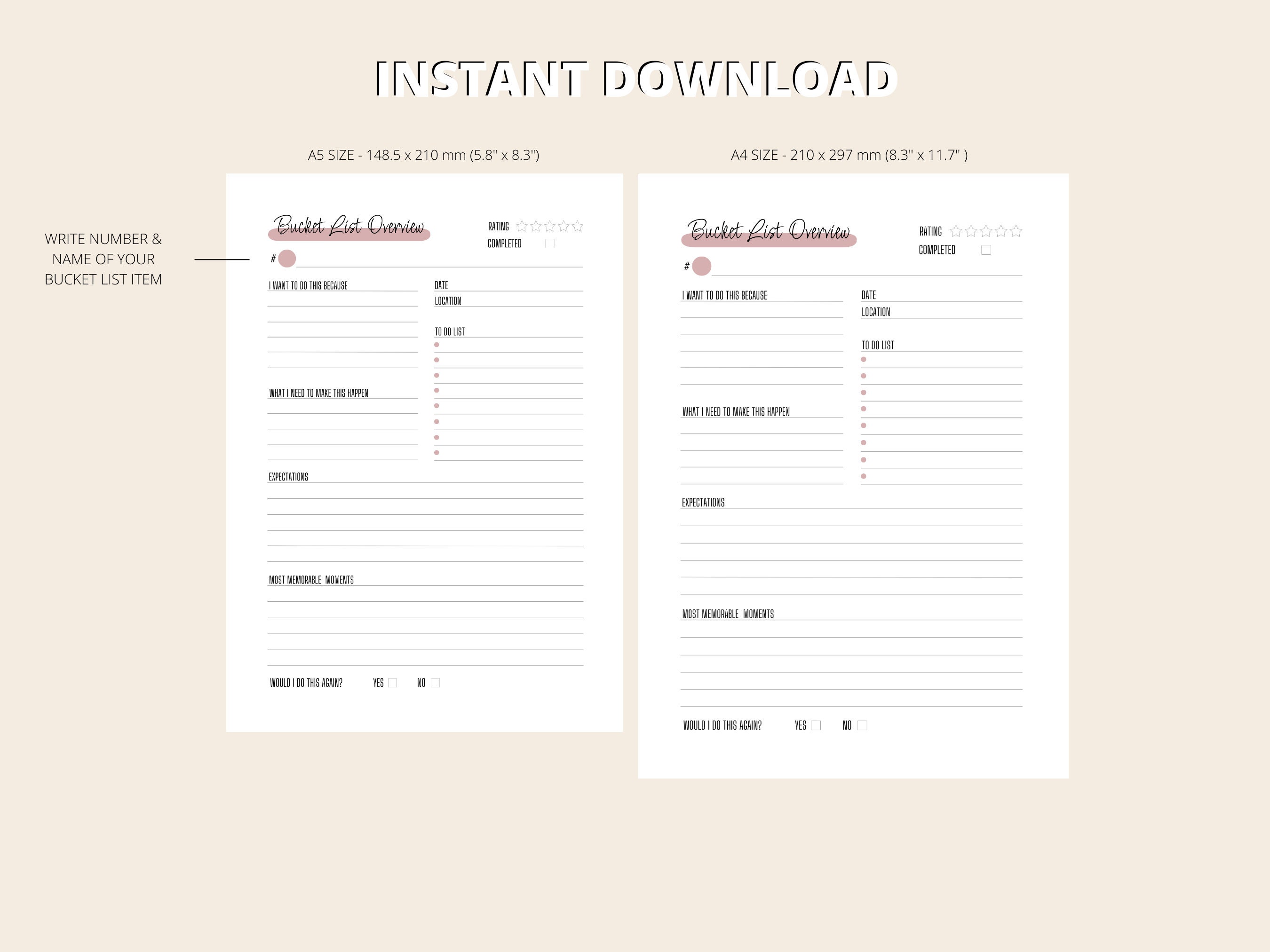 Bucket List Printable PDF, Bucket List Overview, Planner Inserts I A5 ...