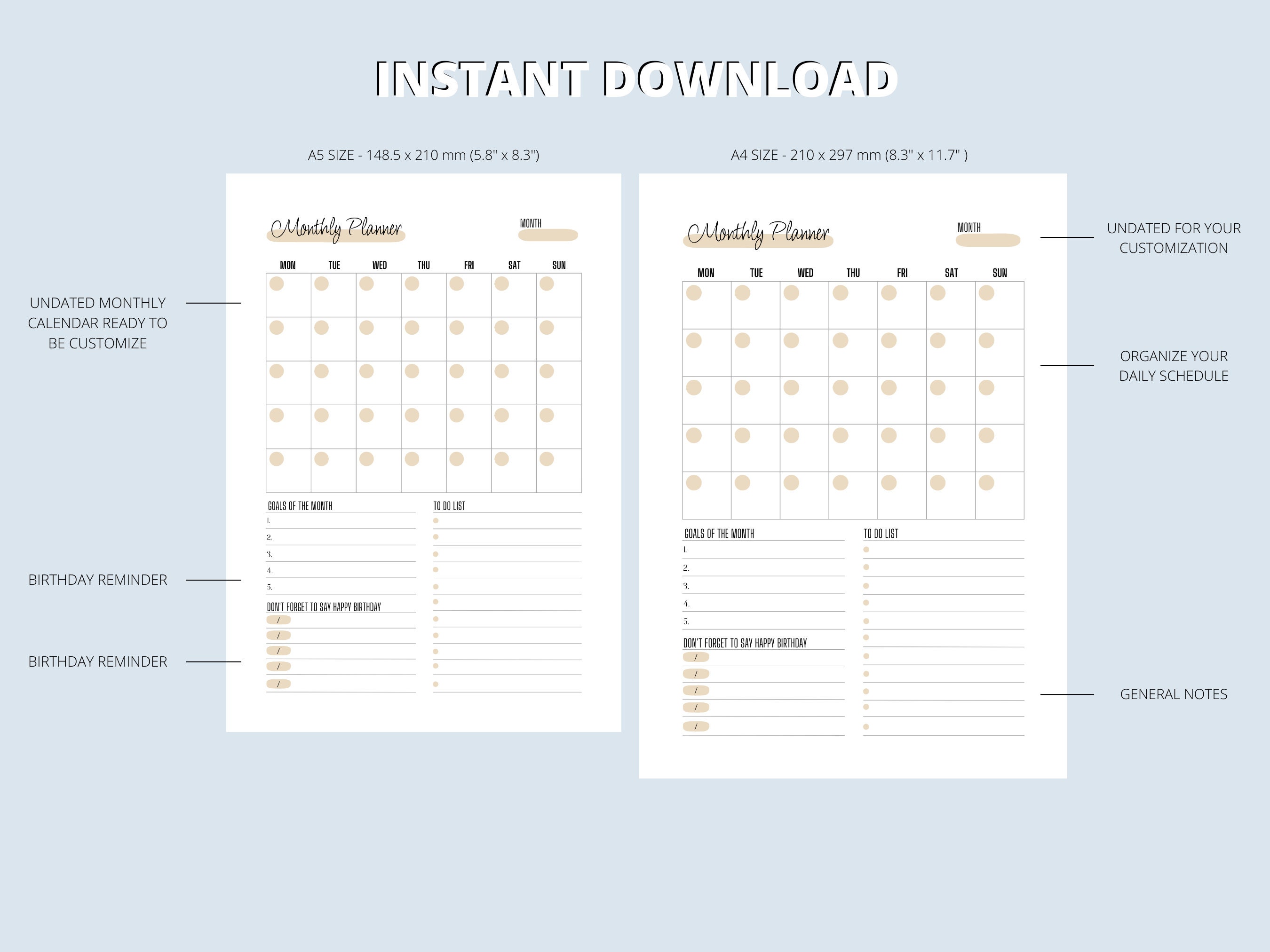 Undated Monthly Planner Printable PDF, Monthly Calendar, Monthly ...