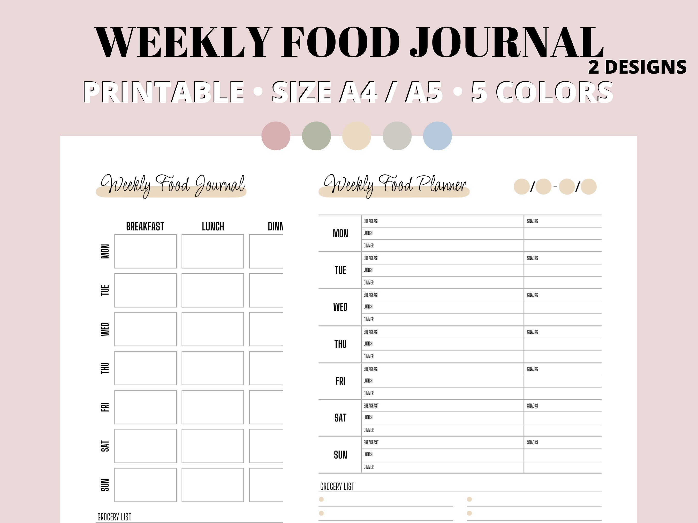 Weekly Food Planner Printable PDF 2 Designs, Daily Food Planner ...