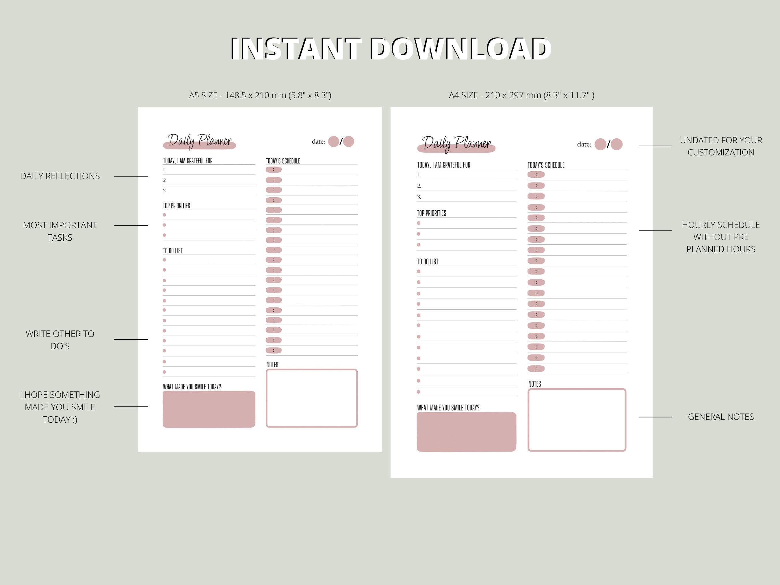 Undated Daily Planner Printable PDF, Daily Schedule Hourly, Daily Planner Inserts, Daily Agenda ...
