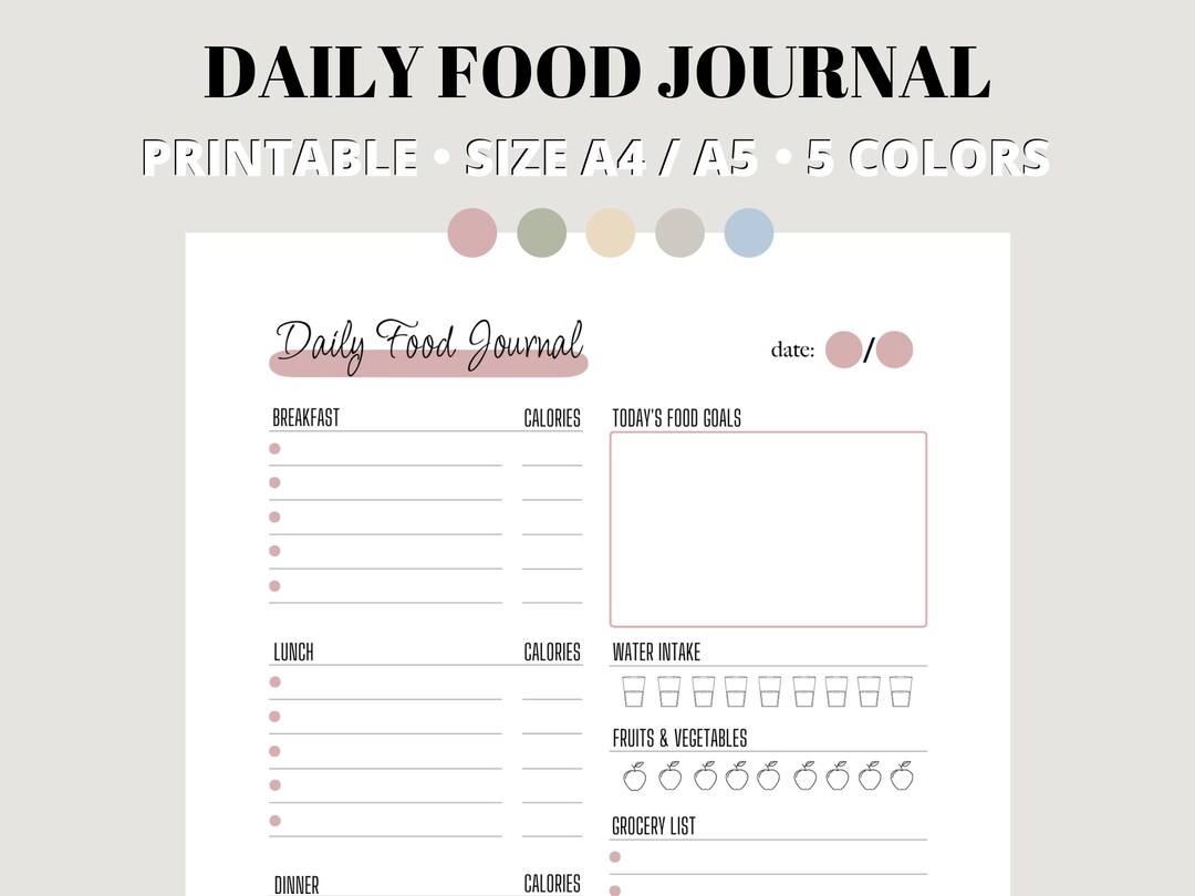 Daily Food Journal Printable PDF, Calorie Tracker, Planner Inserts ...