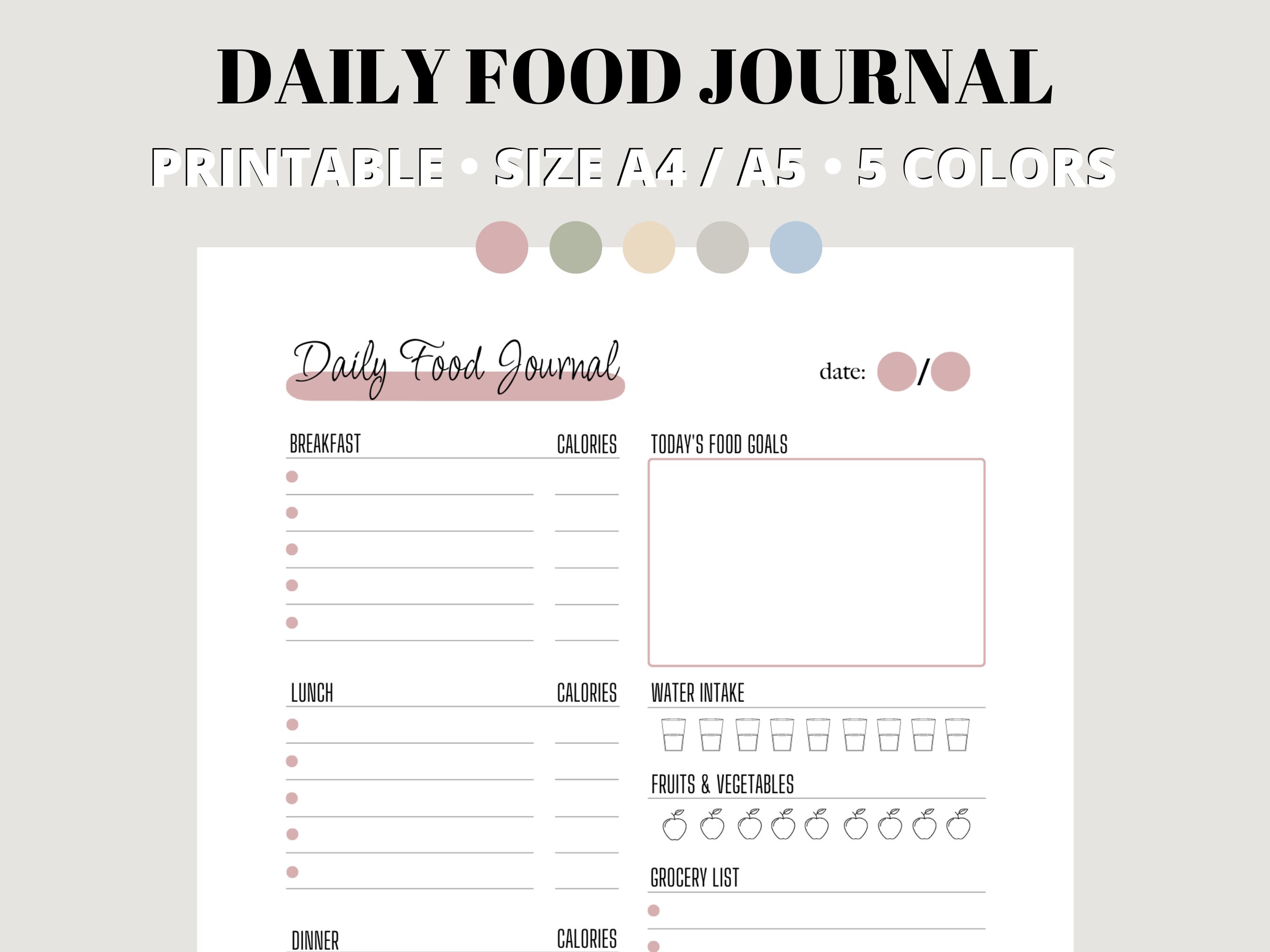Daily Food Journal Printable PDF, Calorie Tracker, Planner Inserts ...
