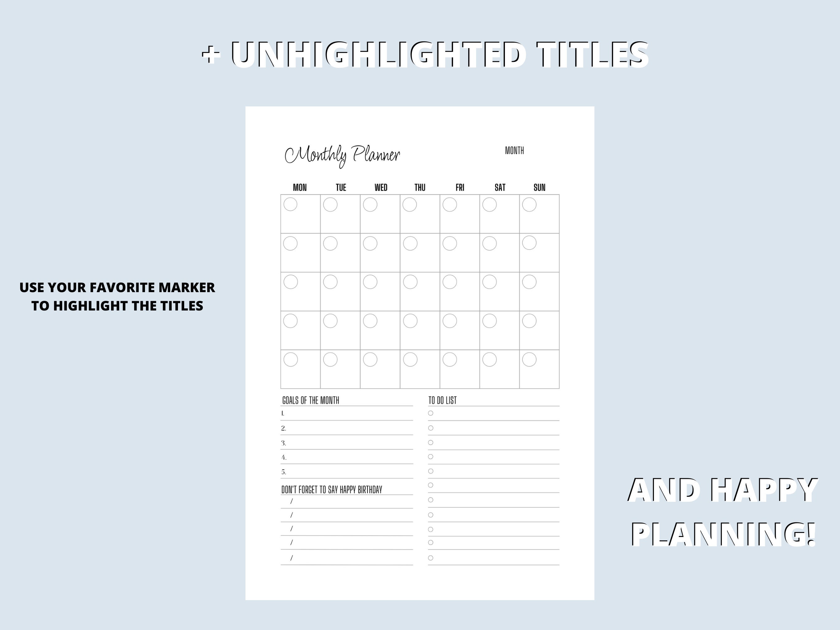 Undated Monthly Planner Printable PDF, Monthly Calendar, Monthly ...
