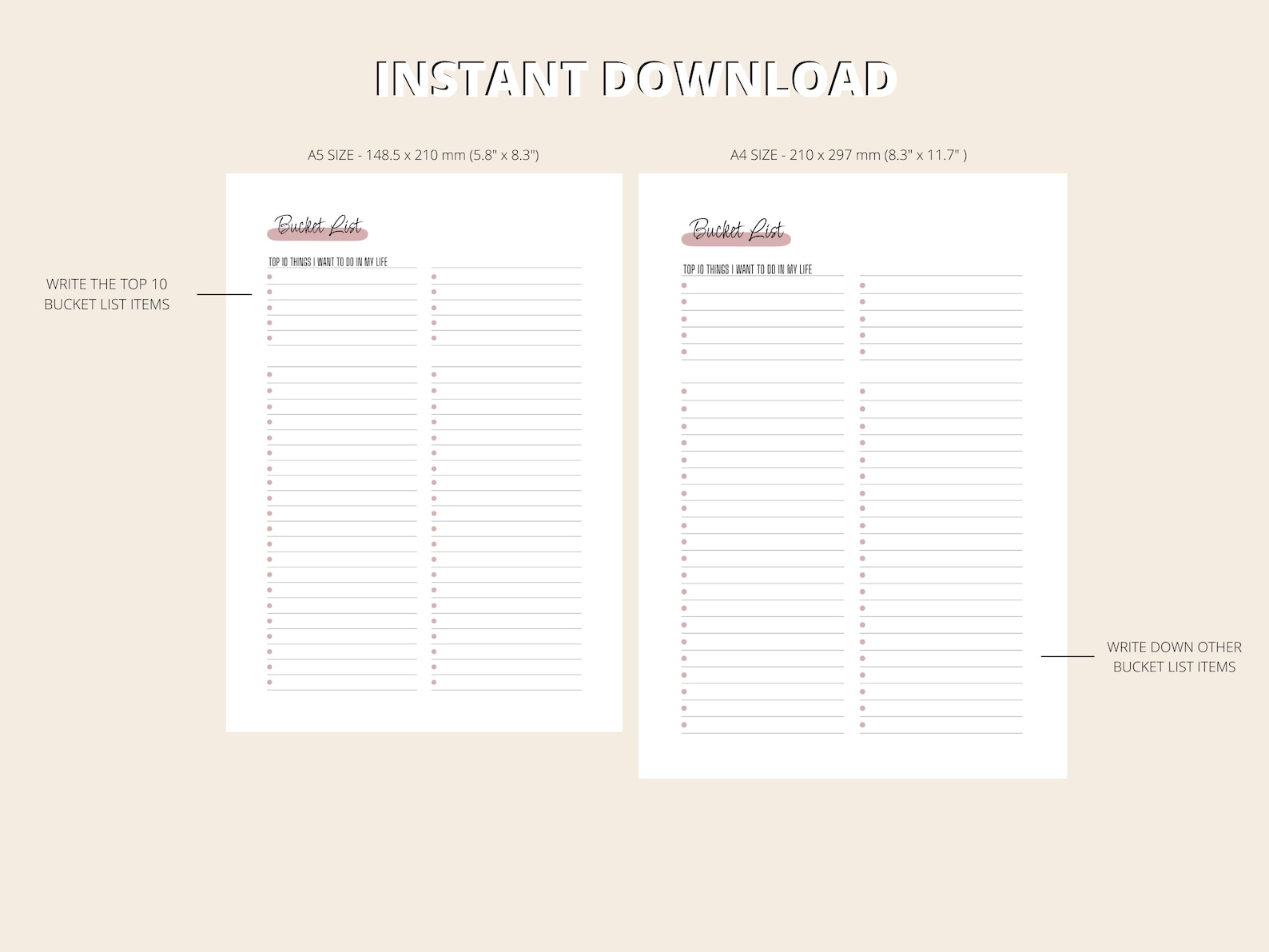 Bucket List Printable PDF, Bucket List Overview, Planner Inserts I A5 ...