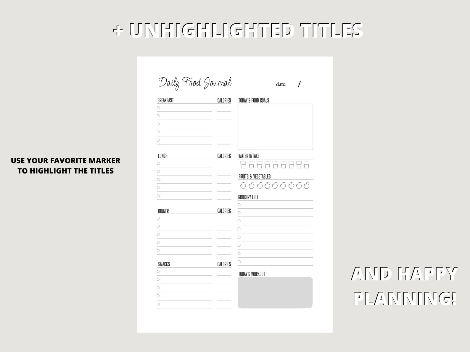 Daily Food Journal Printable PDF, Calorie Tracker, Planner Inserts ...