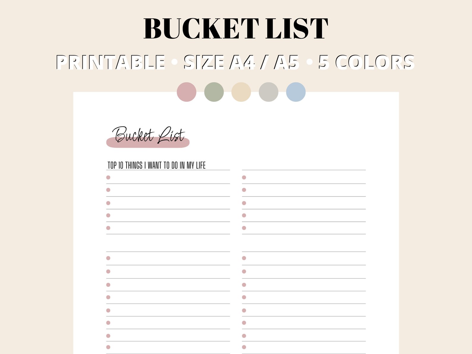 Bucket List Printable PDF, Bucket List Overview, Planner Inserts I A5 ...