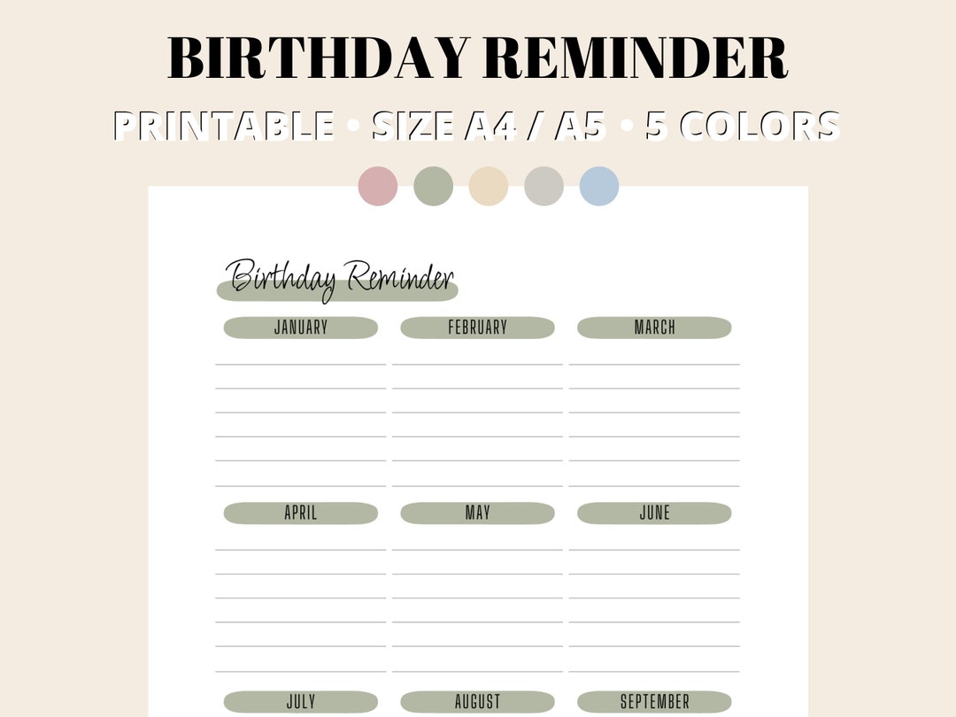 Birthday Reminder Planner, Minimalist Design, A4 A5 (digital Download ...