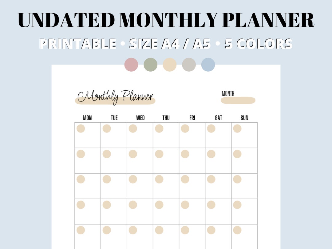 Undated Monthly Planner Printable PDF, Monthly Calendar, Monthly ...