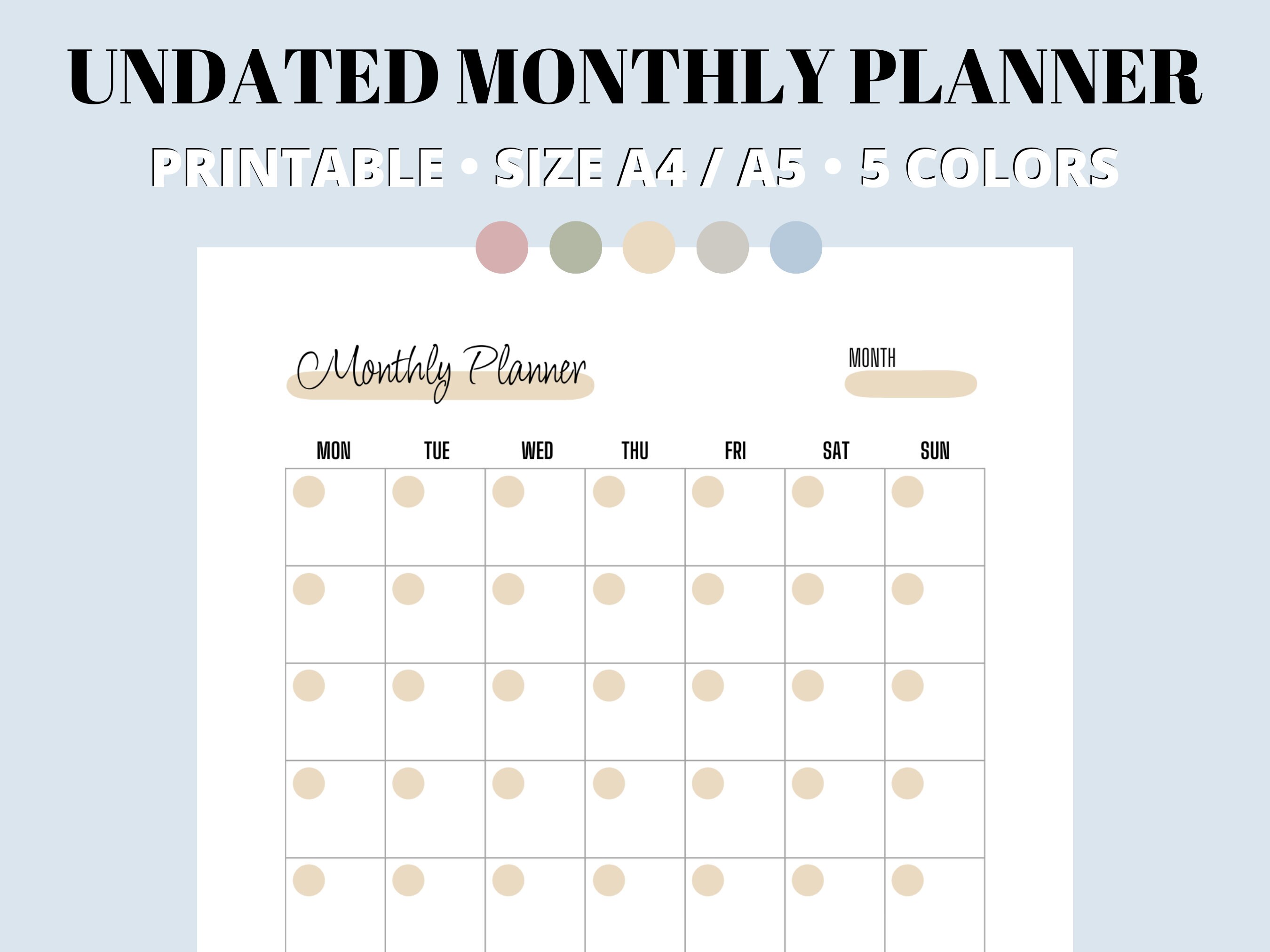 Undated Monthly Planner Printable PDF, Monthly Calendar, Monthly ...
