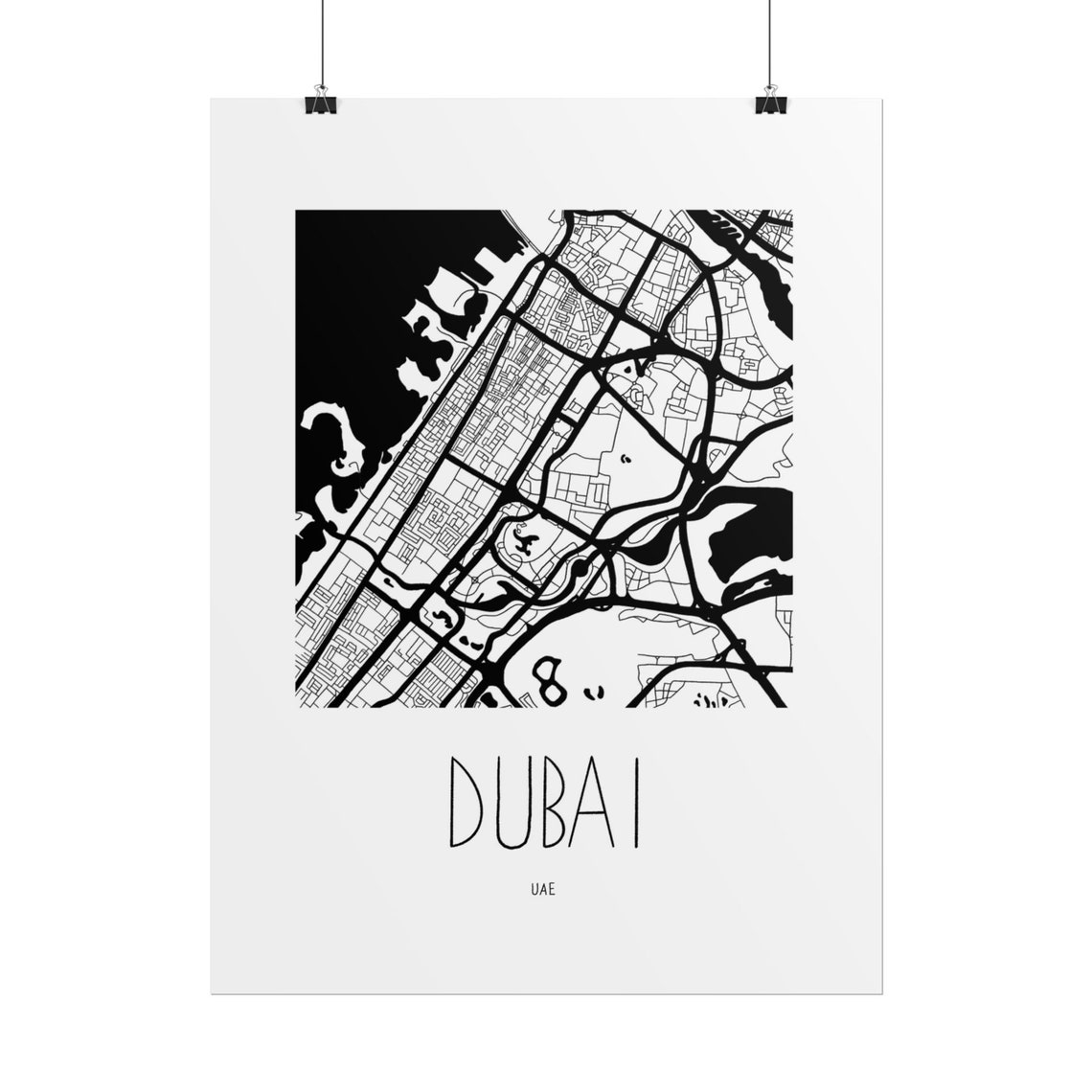 DUBAI UAE Black City Map Poster Print, Hand Drawn Custom Map, Travel ...