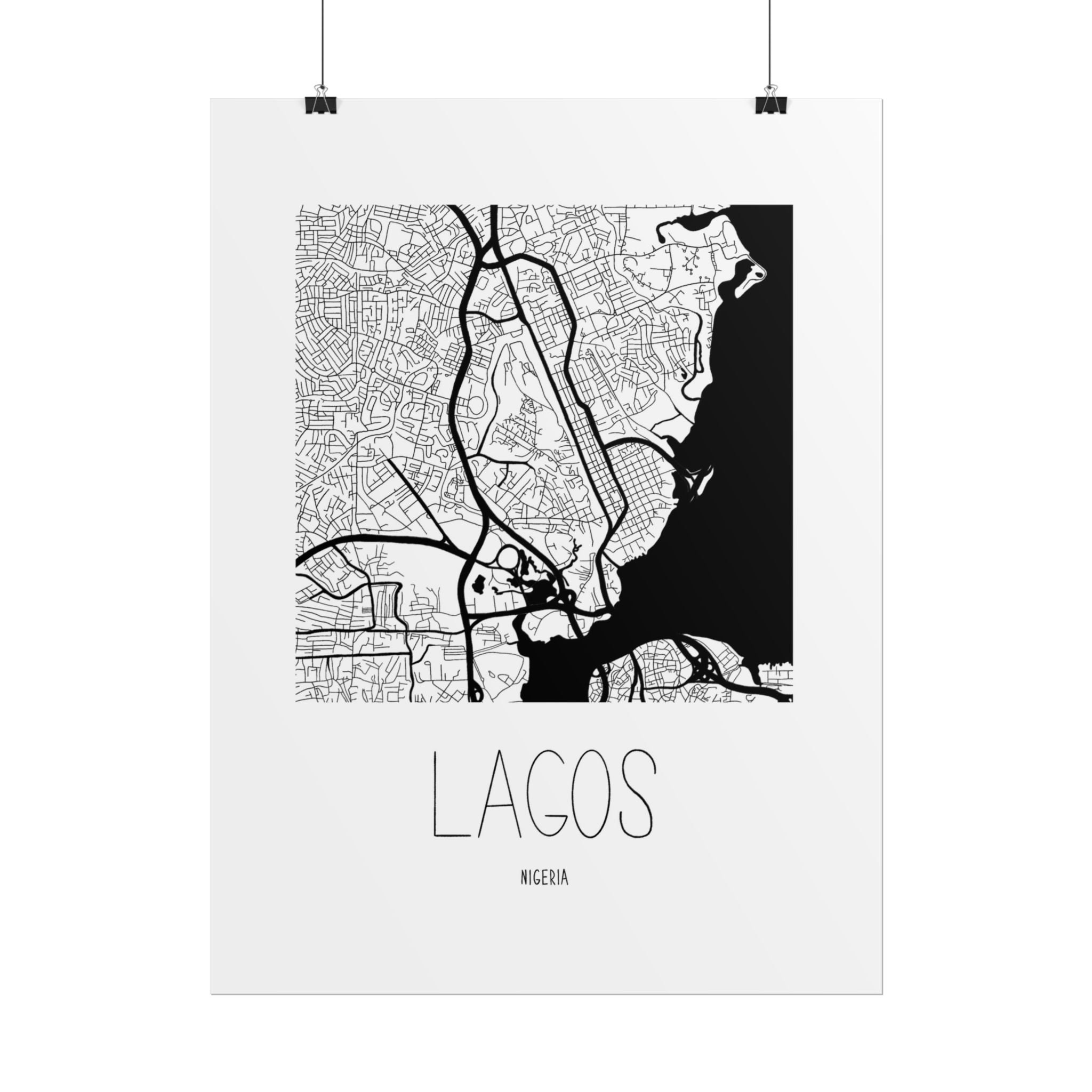 LAGOS Nigeria Black City Map Poster Print, Hand Drawn Custom Map ...