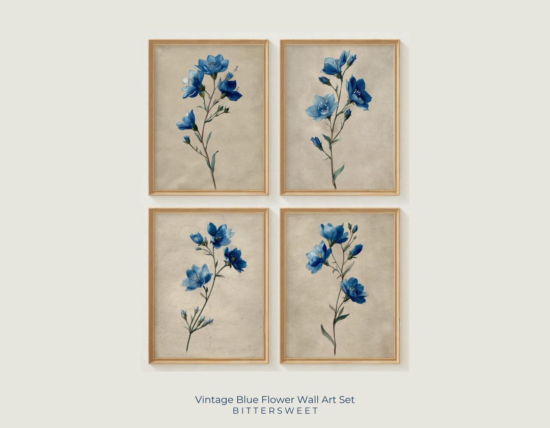Vintage Botanical Blue Flower Print Set, Blue Flax Gallery Wall Art ...