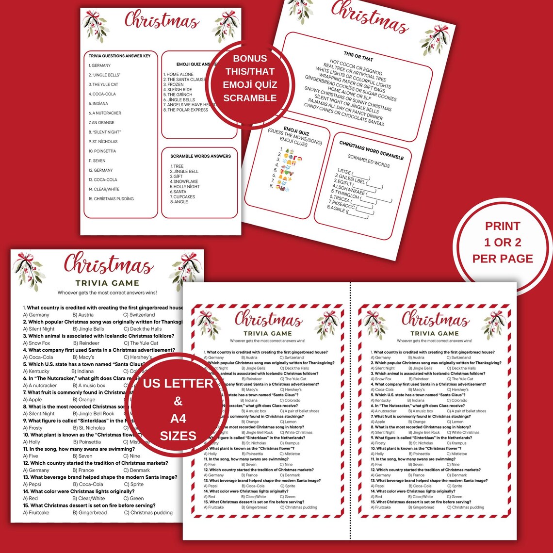 Christmas Trivia Game Printable, Family Christmas Quiz, Holiday Party ...