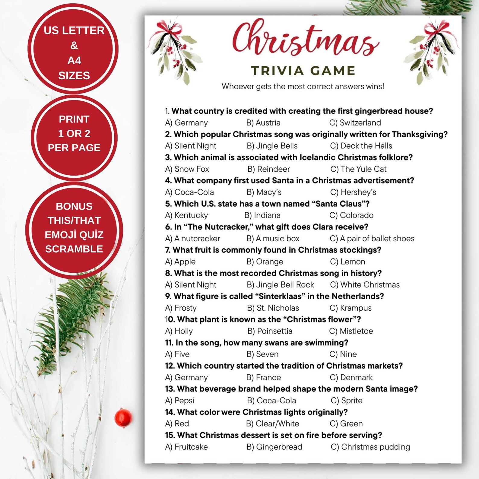 Christmas Trivia Game Printable, Family Christmas Quiz, Holiday Party ...