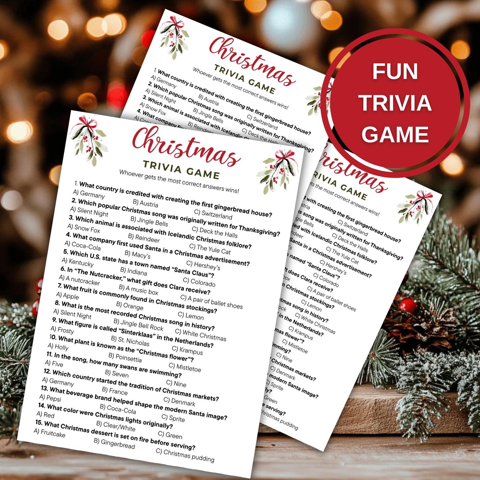 Christmas Trivia Game Printable, Family Christmas Quiz, Holiday Party ...