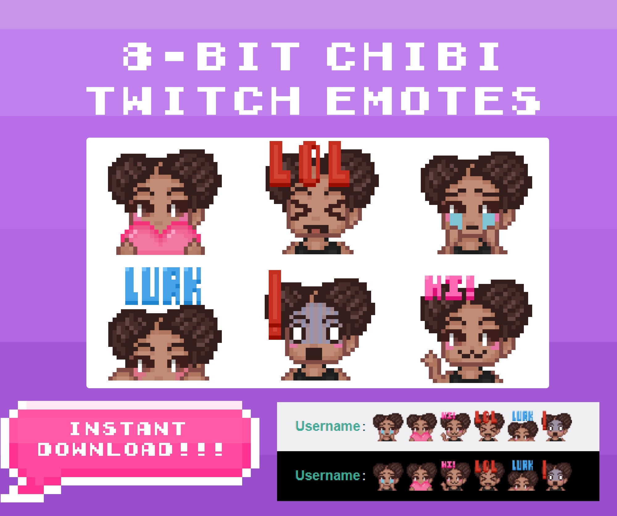 Chibi 8-bit Twitch Emotes Cute Kawaii Brown Hair Black Gamer - Etsy