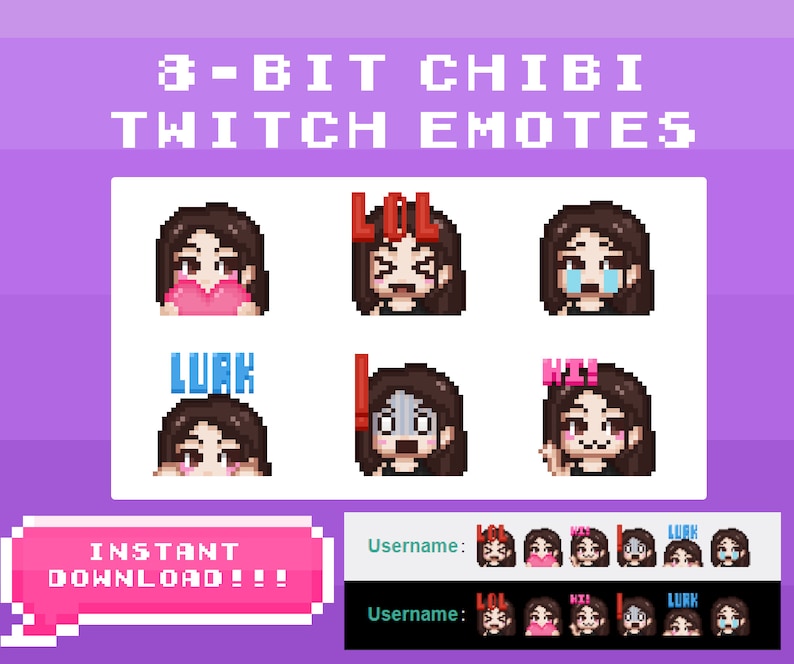 Chibi 8-bit Twitch Emotes - Cute Kawaii Brown Hair White Gamer Girl LOL ...