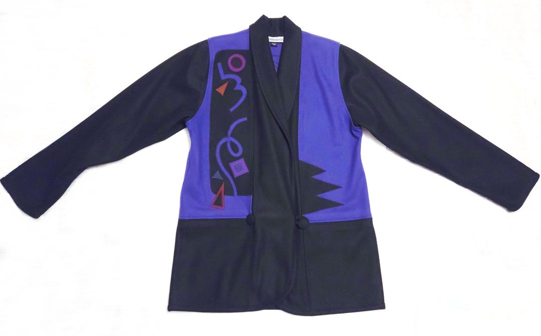 Vintage BEPPA 100% Wool Coat Abstract Art Applique Geometric Purple ...