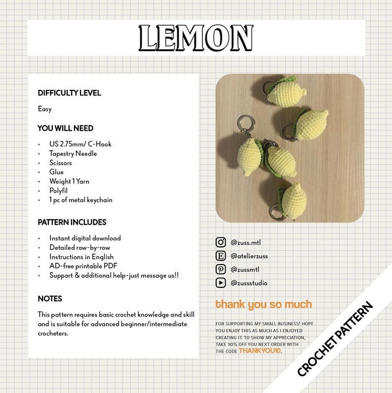 CROCHET PATTERN - Easy Crochet Keyring Pattern, Crochet Lemon Keyring ...