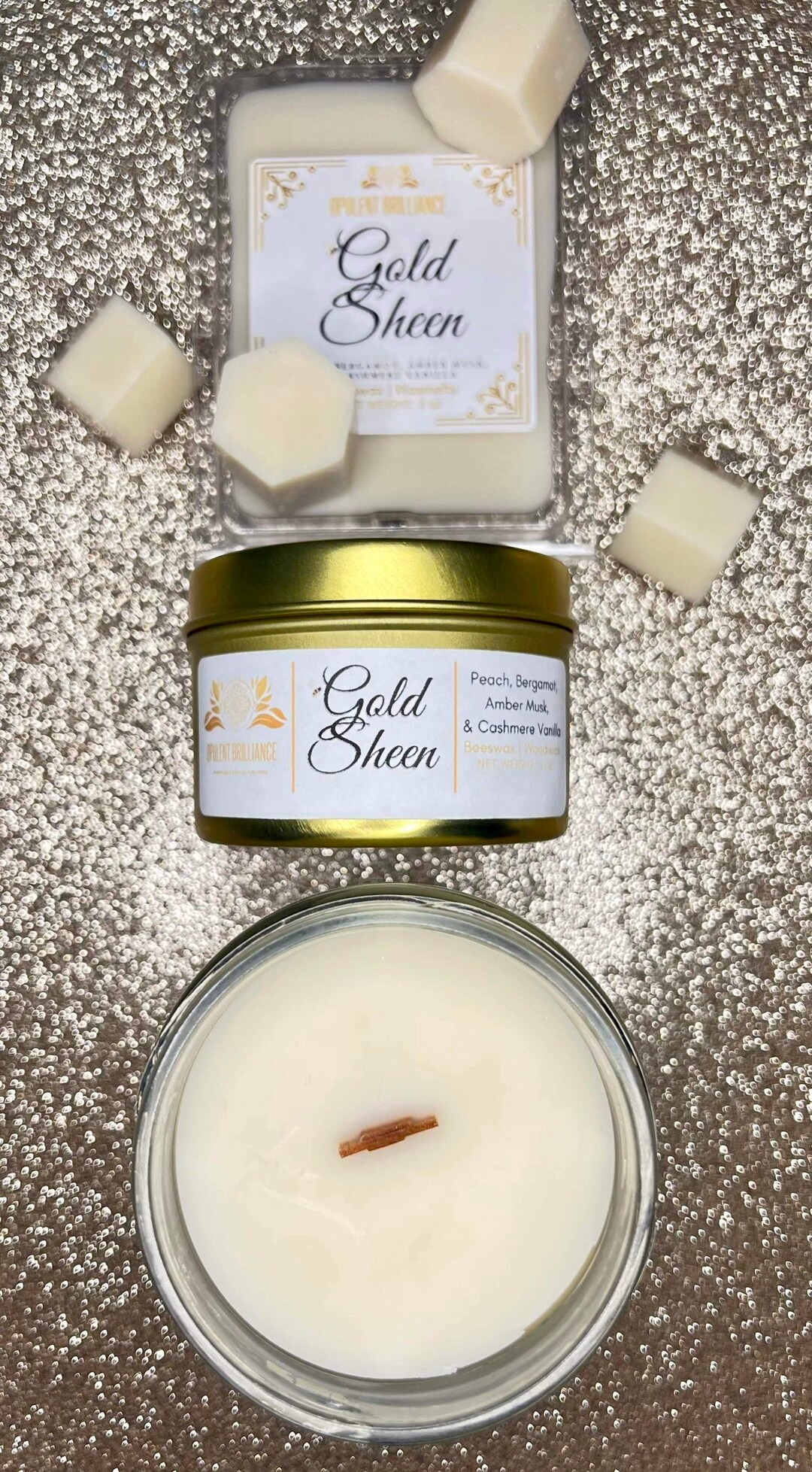 Wood Wick Candle, Gold Sheen Beeswax Candle, Vanilla, Peach & Bergamot ...