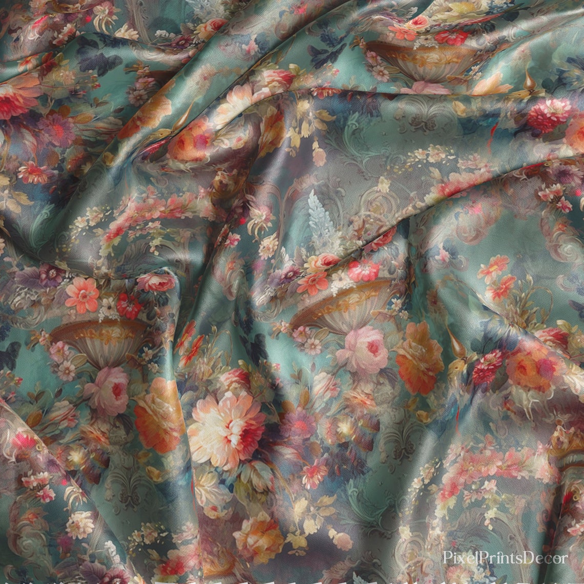 Italian Pure Satin in Rococo Style Vintage Flowers and Birds Floral ...