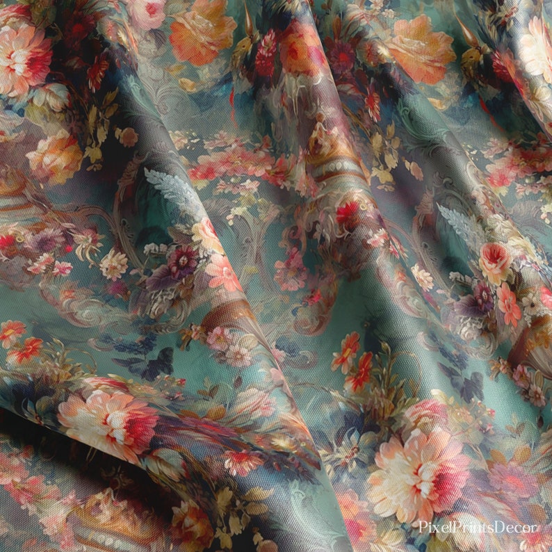 Italian Pure Satin in Rococo Style Vintage Flowers and Birds Floral ...