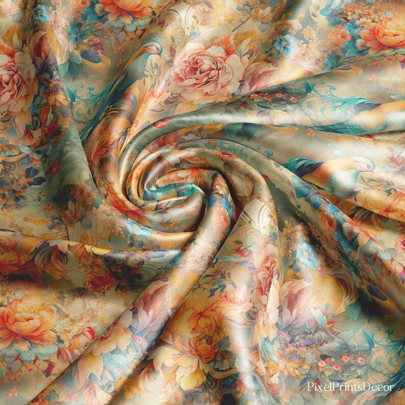 Rococo Italian Pure Satin Vintage Flowers and Birds Floral Pattern High ...