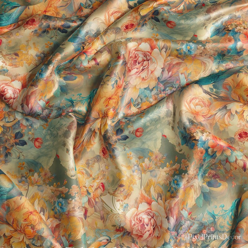Rococo Italian Pure Satin Vintage Flowers and Birds Floral Pattern High ...