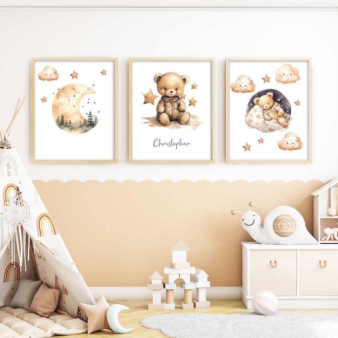 Set of 3 Teddy Bear Print, Bear Nursery Decor, Nursery Wall Decor, Baby ...