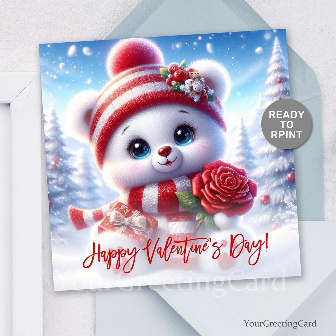 Cute Valentine Teddy Bear Greeting Card, PRINTABLE, Custom Valentine's ...