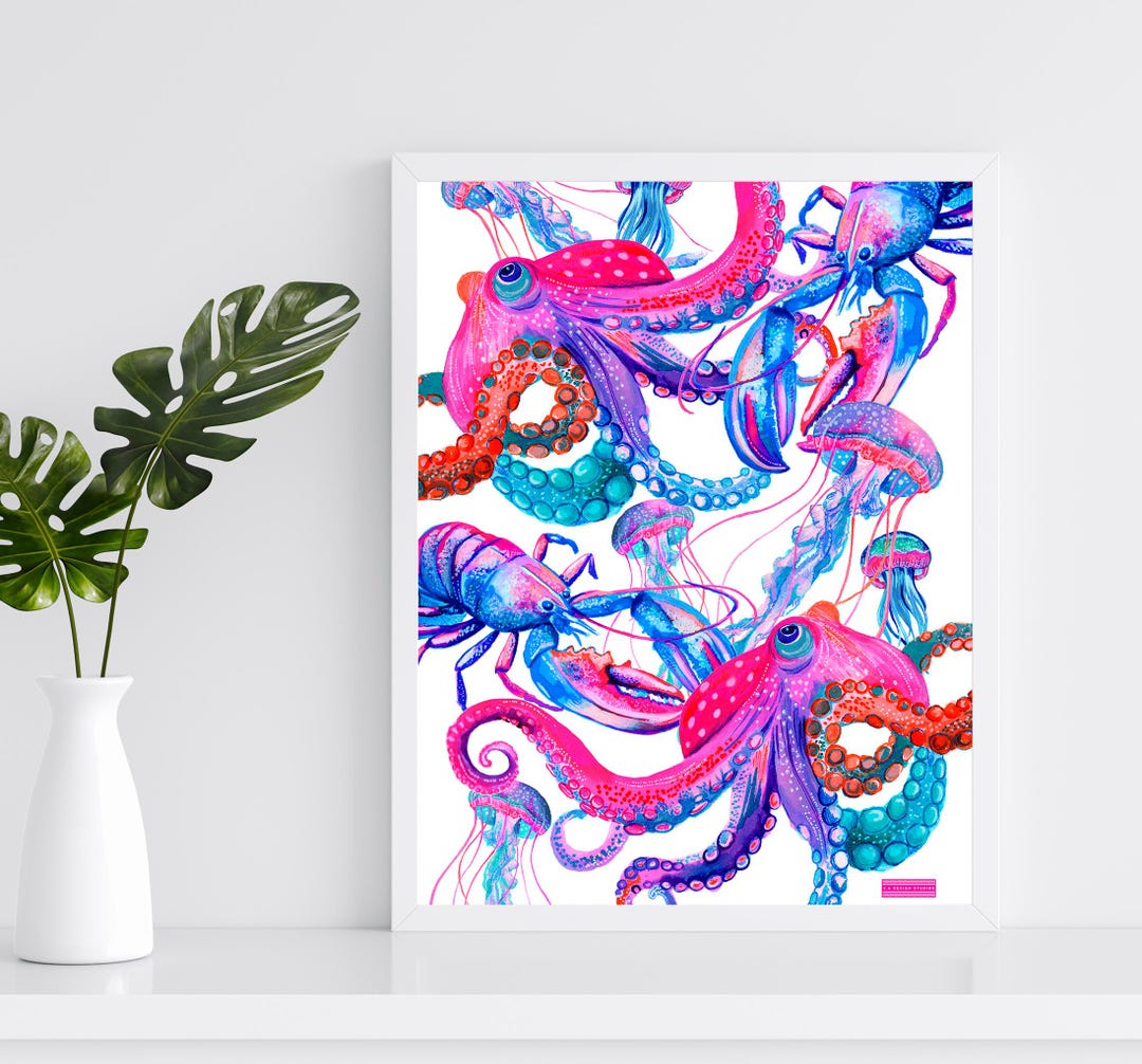 Bright Sea Creatures Art Print: Lobster, Octopus, Jellyfish Watercolor ...