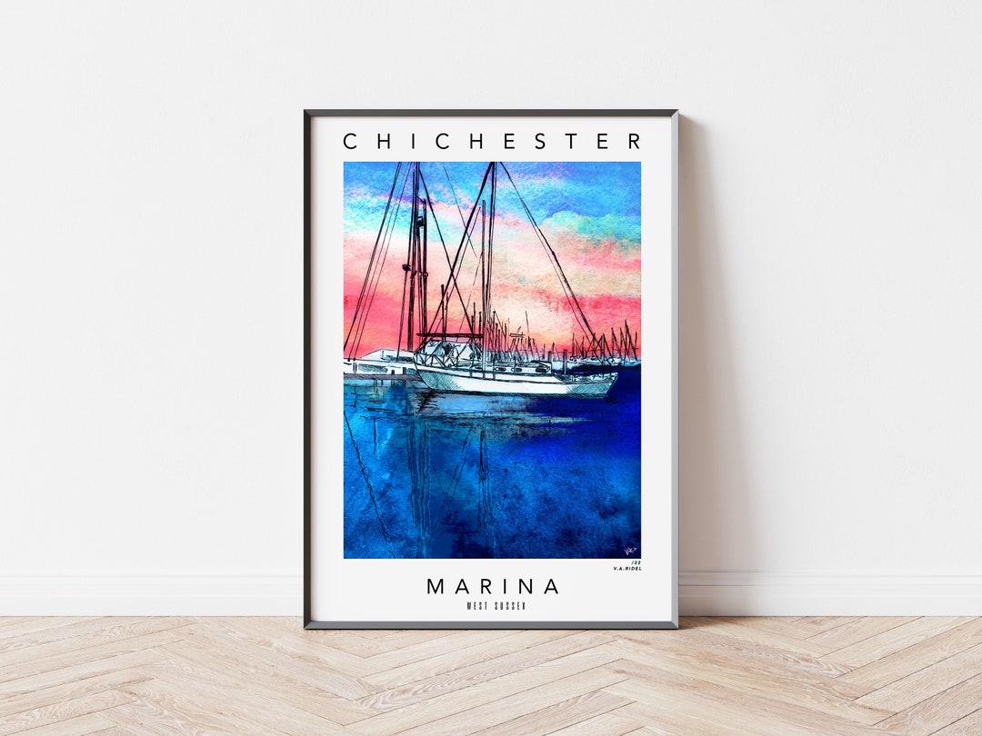 Chichester Marina Print Sunset Colour Way Travel Poster Hand Painted ...