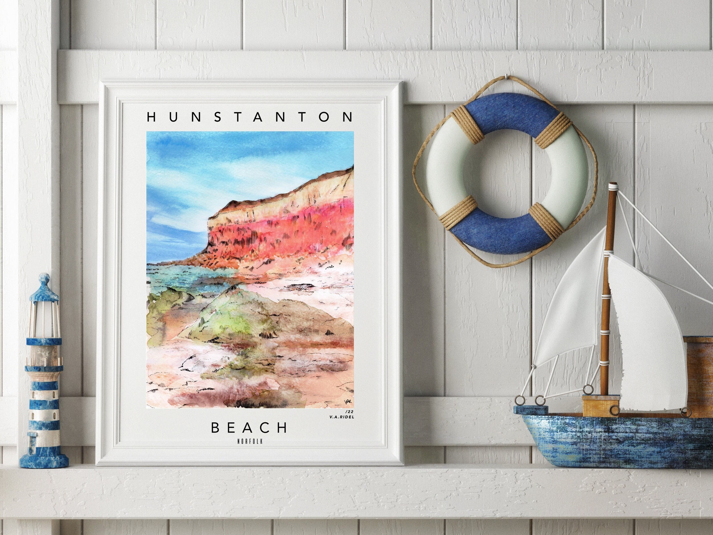 Hunstanton Cliffs West Norfolk Beach Print Travel Poster Hand Painted ...