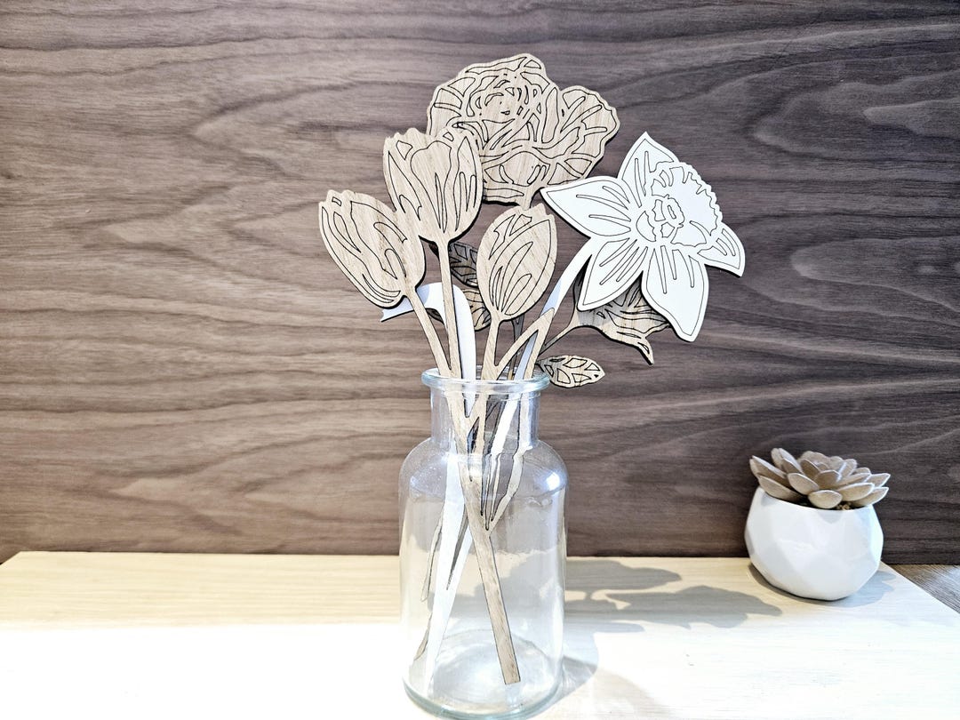Personalised Wooden Flower Stems, Forever Floral Gift, Spring Decor ...
