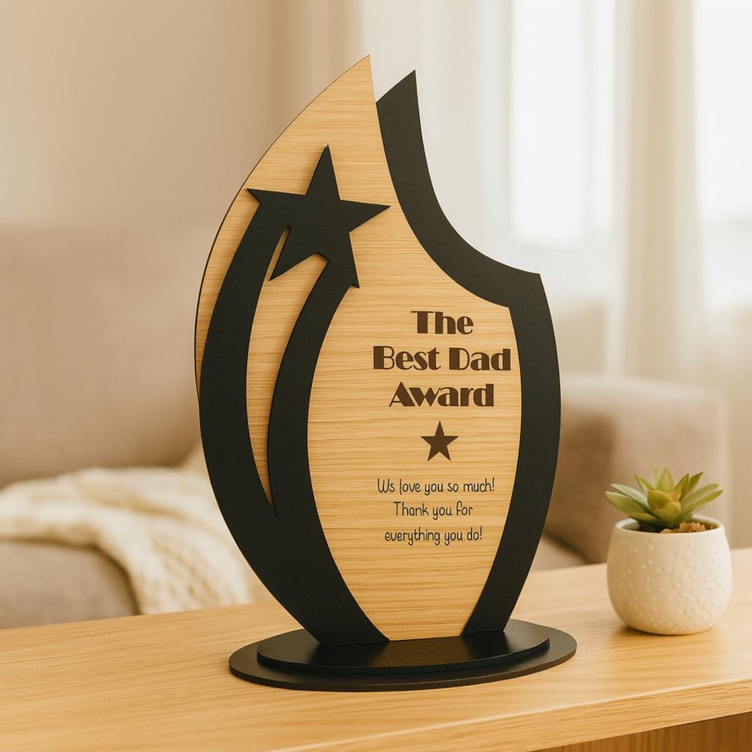 Personalised Wooden Dad Trophy, Best Dad Award Keepsake From Son ...
