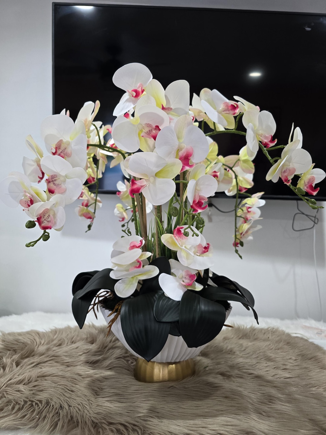Large Real Touch Orchid Arrangement – White Orchids With Pink Centers ...