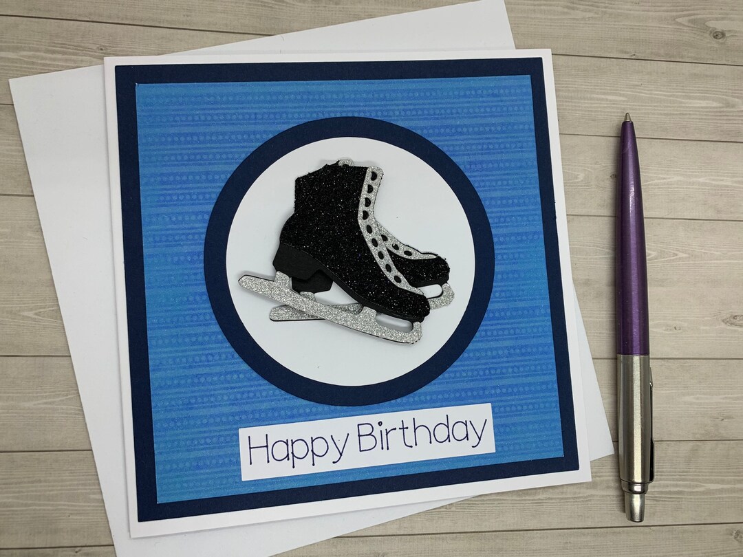 Handmade Mens Figure Skates Birthday Card With Black Glitter Ice Skates ...