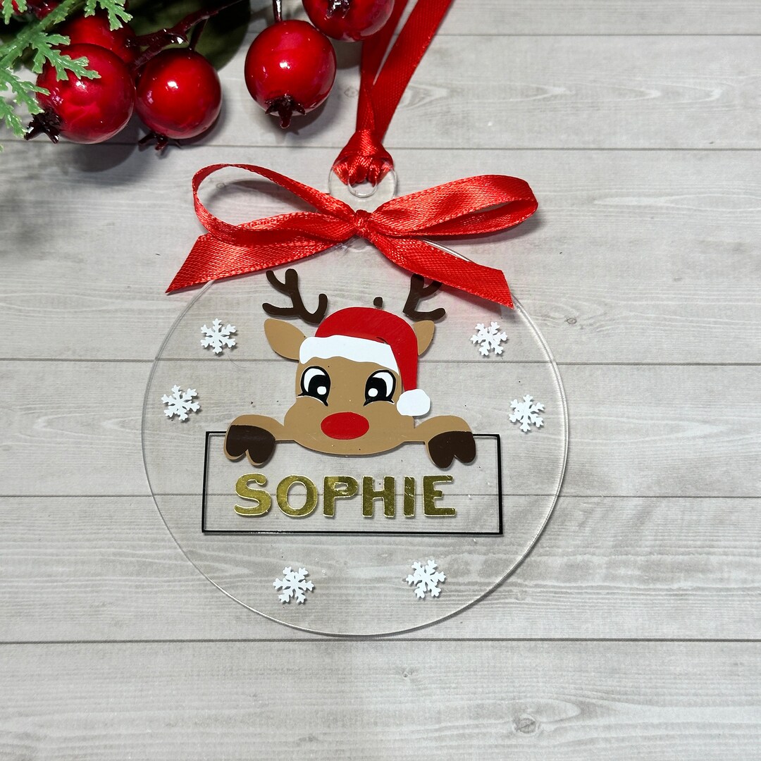 Personalised Christmas Reindeer Bauble, Flat Round Acrylic Hanging Tree ...
