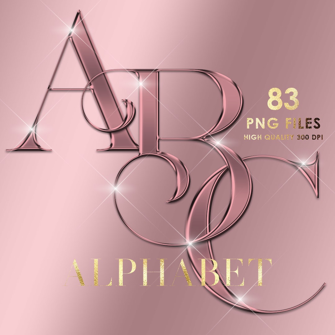 Rose Gold Chrome Alphabet Clipart, Glitter Pink Alphabet PNG, Metallic ...