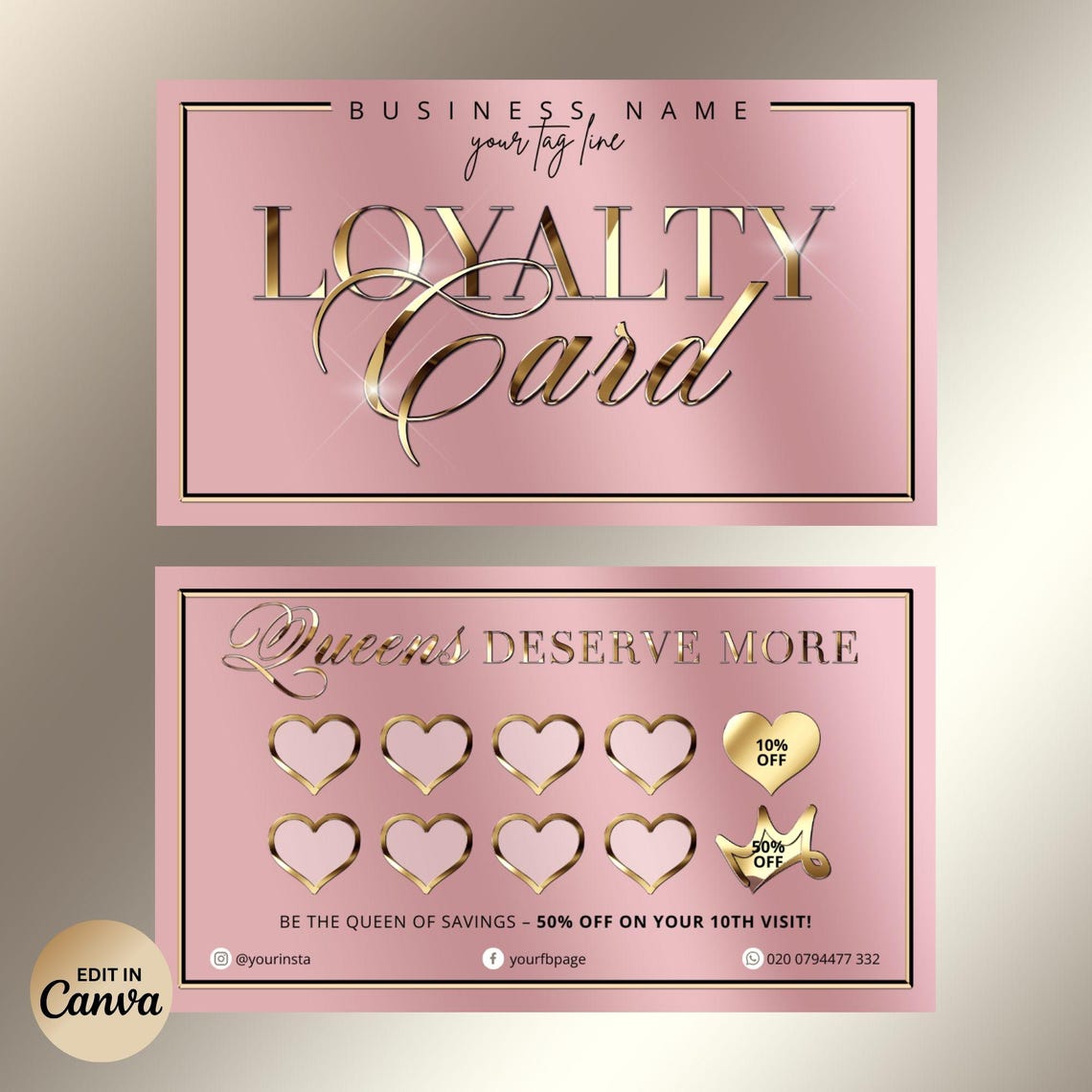 Pink and Gold Loyalty Card Template, Cosmetics Loyalty Card DIY ...