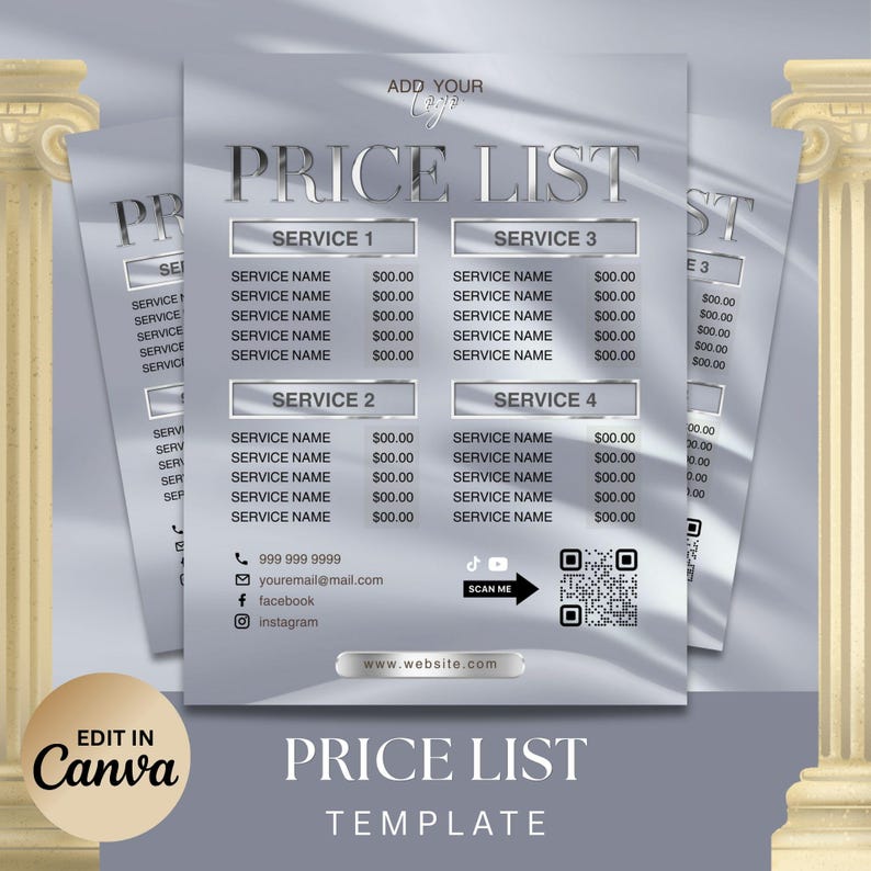 Silver Price List Template, Luxe Beauty Salon Menu, Editable Service ...