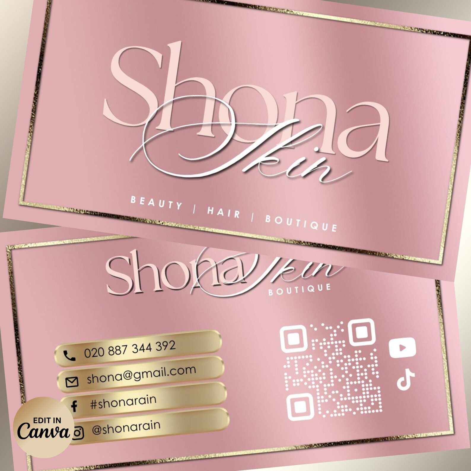 Pink Business Card Template, Editable Canva Card, Beauty Lash Tech Card ...